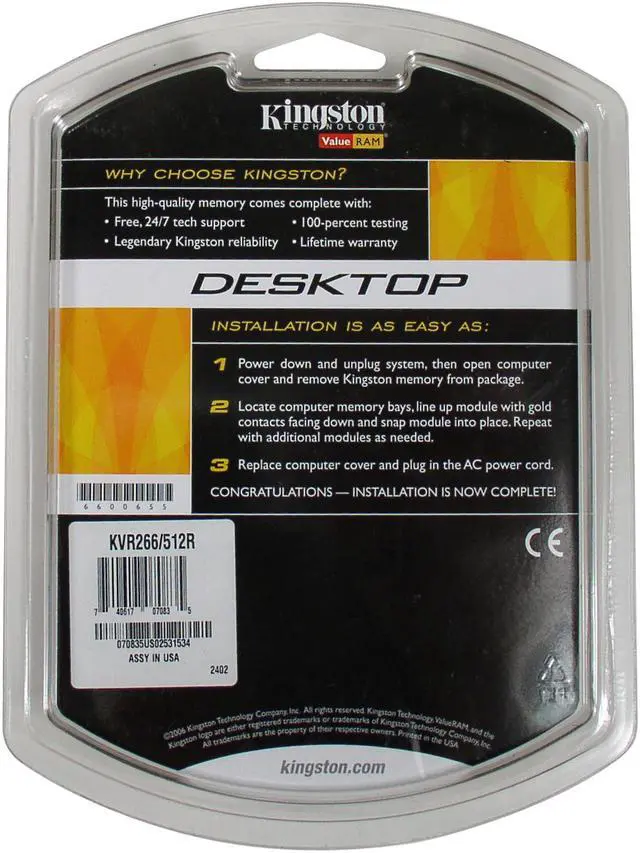 Kingston ValueRAM 512MB DDR 266 (PC 2100) Desktop Memory Model KVR266 ...