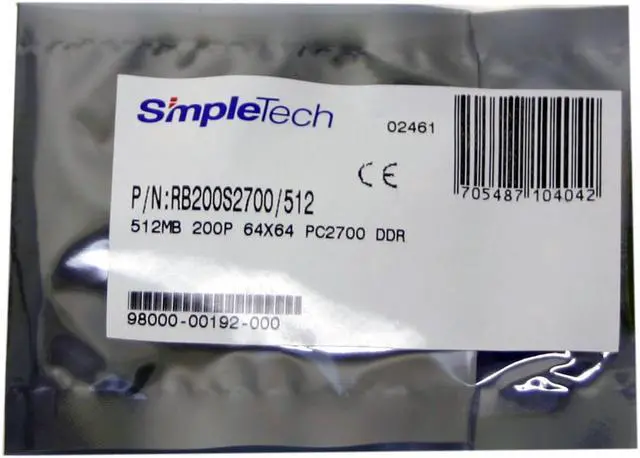 SimpleTech 512MB 200-Pin DDR SO-DIMM DDR 333 (PC 2700) Laptop Memory ...