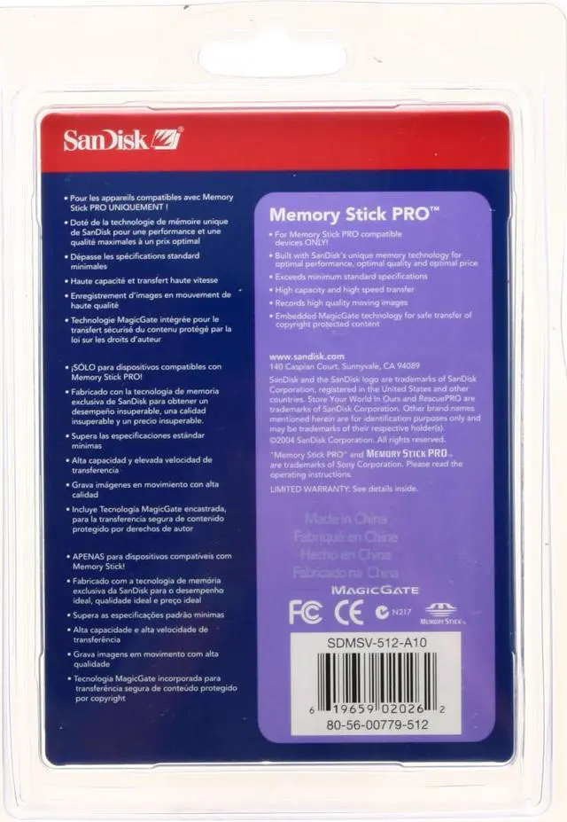 SanDisk 512MB Memory Stick Pro (MS Pro) Flash Card Model SDMSV-512-A10 ...