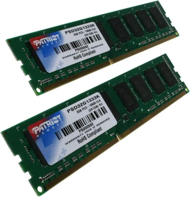 Patriot 2GB (2 x 1GB) DDR3 1333 (PC3 10600) Dual Channel Kit Desktop Memory Model PSD32G1333K ...