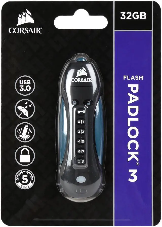 CORSAIR Padlock 3 32GB Secure USB 3.0 Flash Drive with Keypad 256bit ...