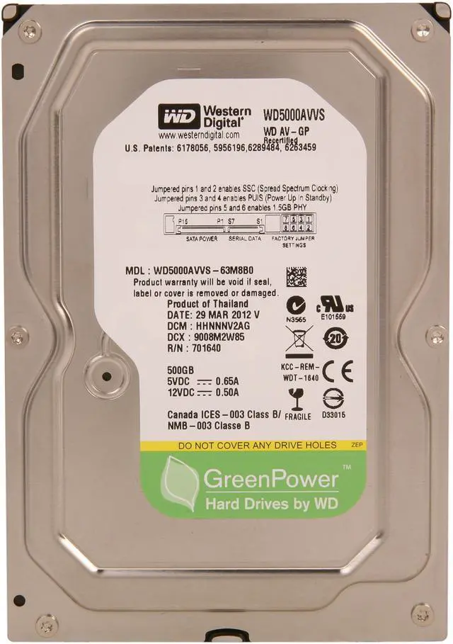 Refurbished: WD AV-GP WD5000AVVS-FR 500GB 5400 RPM 8MB Cache SATA 3.0Gb/s 3.5" Internal AV Hard ...
