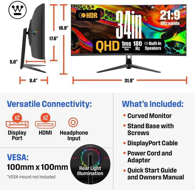 Westinghouse 34 Inch Curved Ultrawide Gaming Computer Monitor, 180Hz, 1 ...