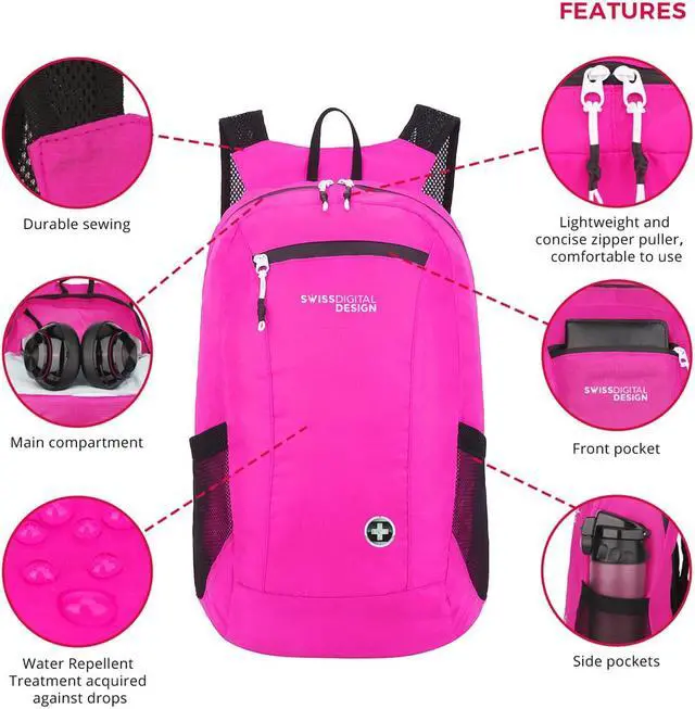 Swissdigital Fuchsia Seagull Foldable Backpack – Lightweight – 20L ...