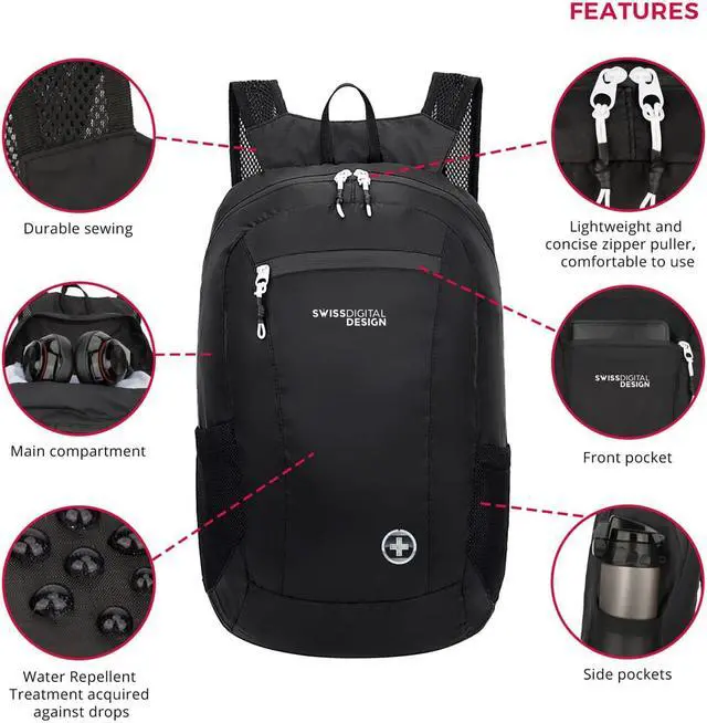 Swissdigital Black Seagull Foldable Backpack - Lightweight – 20L Large ...