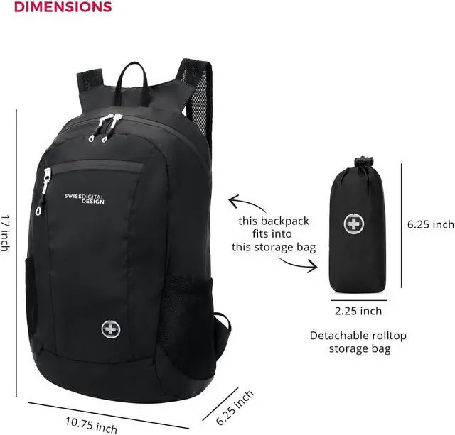 Swissdigital Black Seagull Foldable Backpack - Lightweight – 20L Large ...