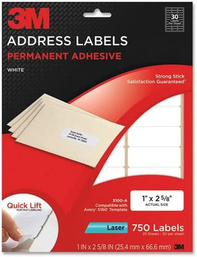 3M 3100-A Permanent Adhesive White Laser Mailing Labels, 1 x 2-5/8, 750 ...
