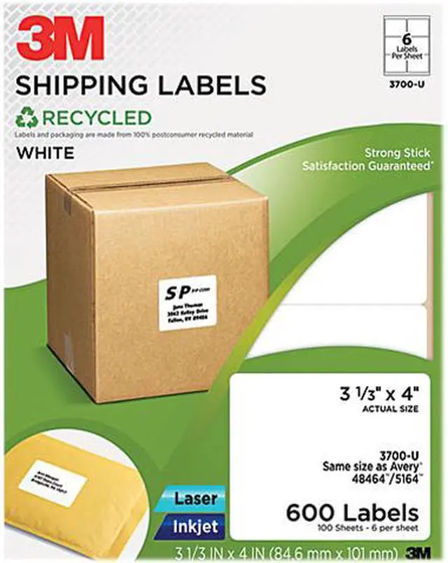 3M 3700-U Permanent Adhesive White Recycled Mailing Labels, 3-1/3 x 4 ...