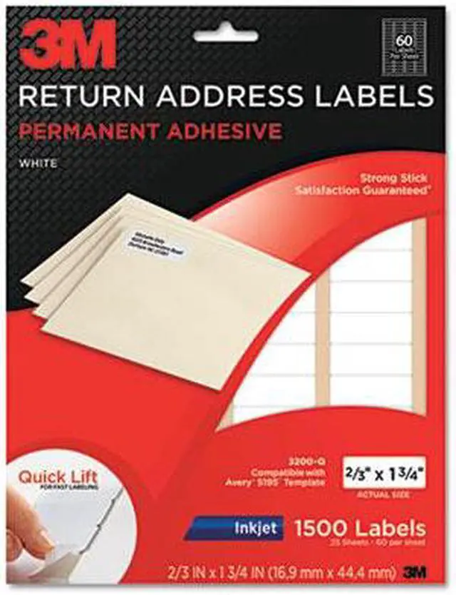 3M 3200-Q Permanent Adhesive White Mailing Labels f/ Inkjet Printers, 2 ...