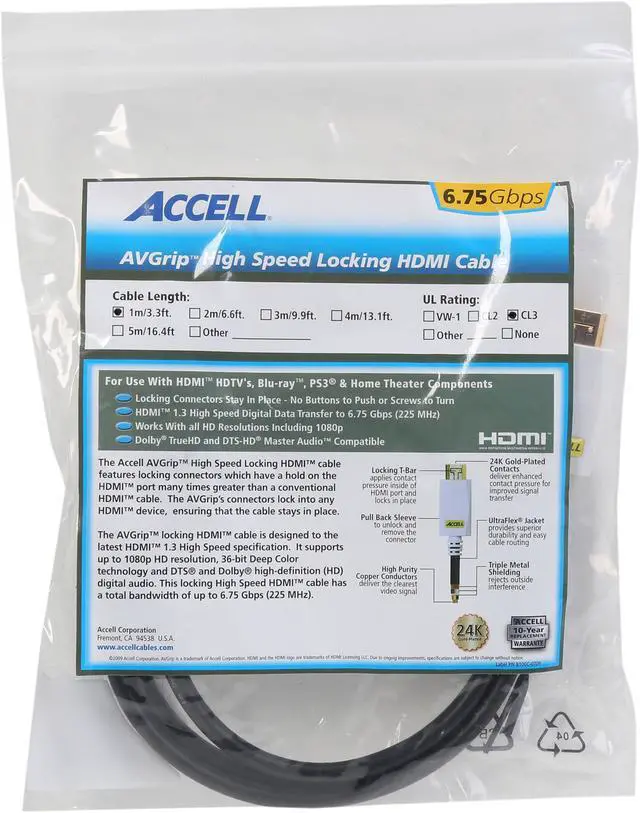 Accell B100C-003B-43 3.3 ft. AVGrip HDMI Cable, 6.75 Gbps w/ Locking ...