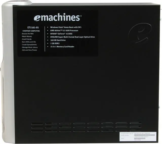 eMachines Desktop PC ET1161-01 AMD Athlon 64 LE-1600 1GB DDR2 160GB HDD ...