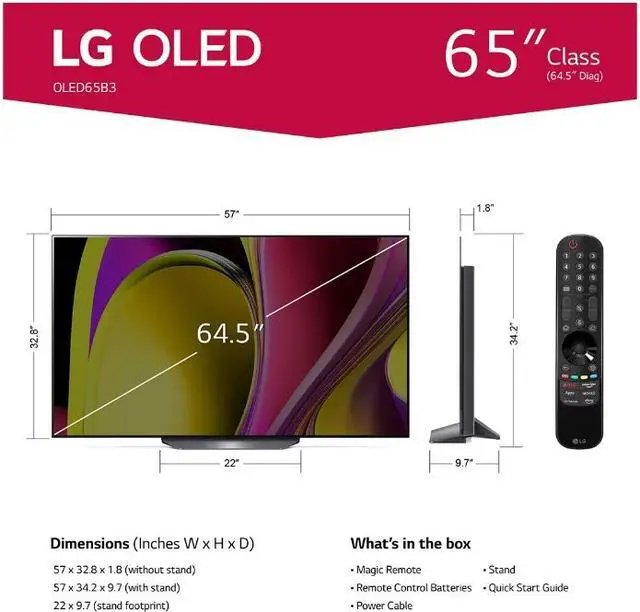 LG 65 Inch Class B3 series OLED 4K UHD Smart webOS 23 w/ ThinQ AI TV ...