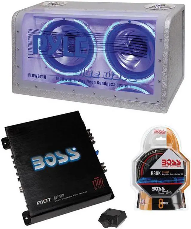 Dual Pyle PLBWS212 12" 1000W Car Subs + Boss R1100M 1100W Amp + 8 Gauge ...