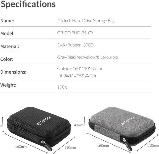 ORICO 2.5 inch Portable External Hard Drive Protection Bag Dual Buffer ...