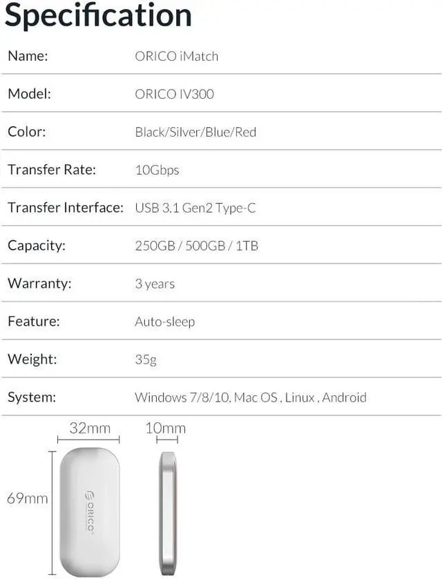 ORICO 250GB Mini Portable NVMe SSD External Solid State Drive with 3D ...