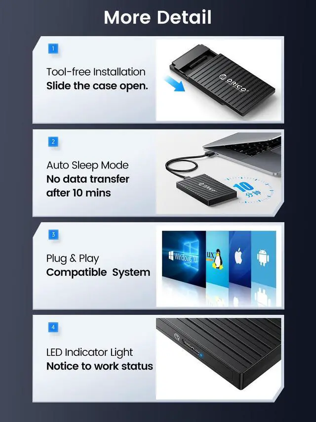 ORICO 2.5 inch Hard Drive Enclosure, USB C to SATAIII 5Gbps Tool-Free ...