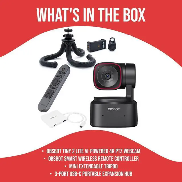 OBSBOT Tiny 2 Lite AI-Powered 4K PTZ Webcam with Advanced CMOS Sensor and Preset Modes Bundle ...