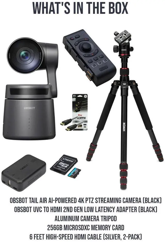 OBSBOT Tail Air AI-Powered 4K PTZ Streaming Camera Bundle (Black) with ...