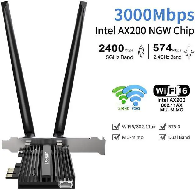 WiFi 6 Adapter 3000Mbps Dual Band Wireless Desktop PCIe For Intel AX200 ...