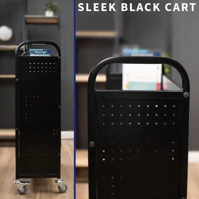 VIVO Mobile Black Library Book Cart with 3 Shelves and Lockable Casters ...