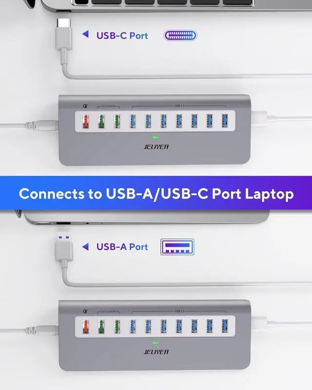 Powered USB Hub 10Gbps, 10 Ports USB 3.1 Gen 2 Hub Power Multiport USB ...