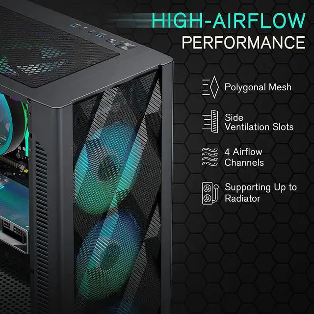 CORN ATX PC Case Pre-Install 6 PWM ARGB Fans, Polygonal Mesh Computer ...