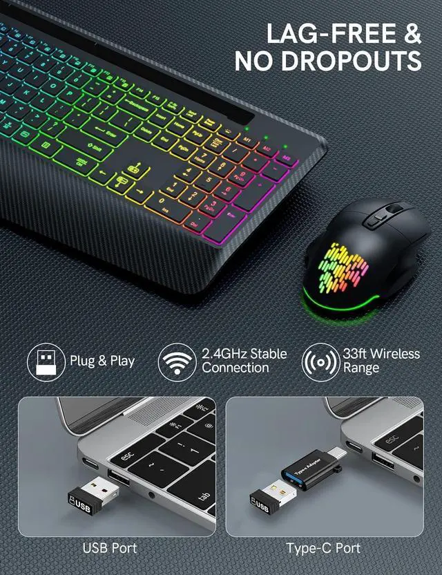 Wireless Keyboard and Mouse with 9 Colored Backlit, Wrist Rest, Jiggler ...