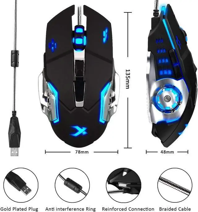 LENRUE Laser Gaming Mouse Wired with 6 Programmable Buttons 4 Color ...