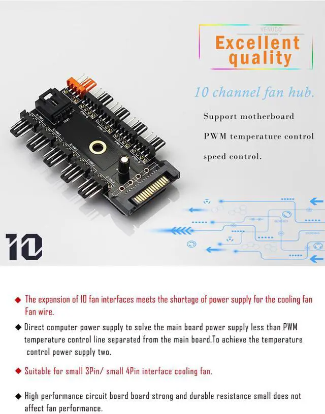 (2 Pack) Chassis Fan Hub CPU Cooling HUB 10 Port 12V 4 Pin Fan PWM Fan ...
