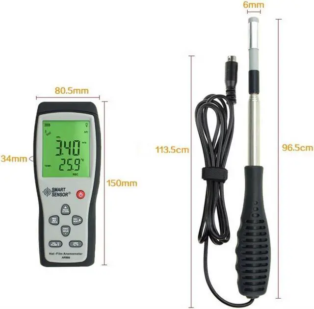 AR866A Digital Hot-film Anemometer Wind Speed meter Air Velocity Temperature measurement 40M/S ...