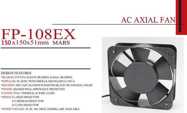 Square ROTARY FP-108EX-S1-B AC Axial Fan with Ball Bearing AC 220/240V 50/60Hz 0.22A 38W 2 Wires ...