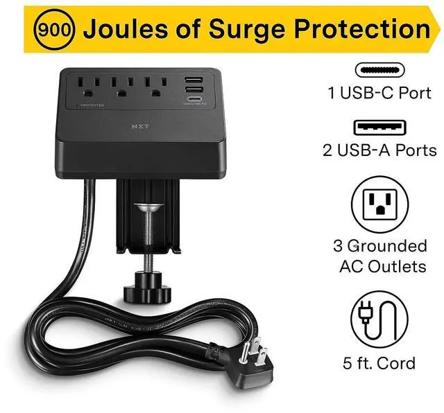 NXT 3-Outlet Plus USB Desktop Surge Protector, 5ft Cord, 900 Joules ...