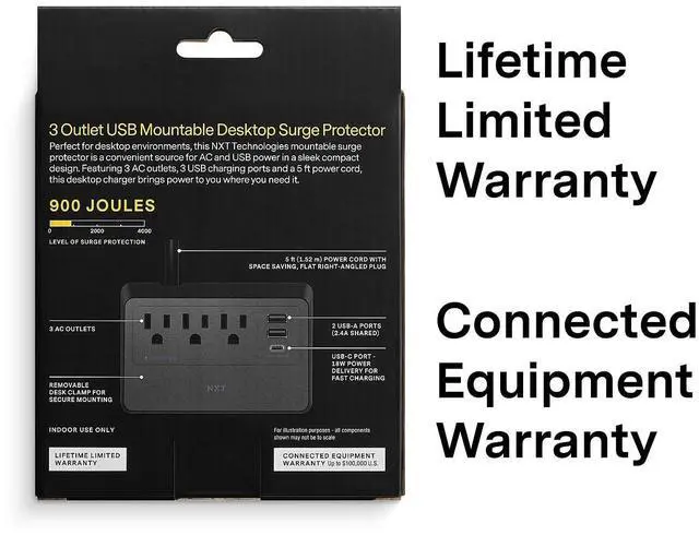 NXT 3-Outlet Plus USB Desktop Surge Protector, 5ft Cord, 900 Joules ...
