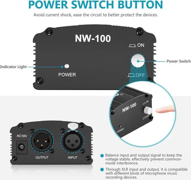 Neewer® 1- Channel 48V Phantom Power Supply Black with Adapter and One ...
