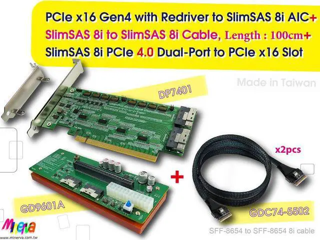 PCIe x16 Gen 4 with ReDriver to SlimSAS 8i x2 + SlimSAS 8i cable,100cm ...