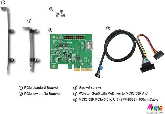 PCIe x4 Gen 5 with ReDriver to MCIO 38P (SFF-TA-1016) AIC + MCIO 38P to U.2 (SFF-8639) , 100CM ...