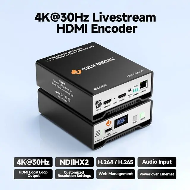 J-Tech Digital HDMI Encoder with NDI 4K 30Hz H.264 H.265 Livestream Encoder with Audio Embed and ...