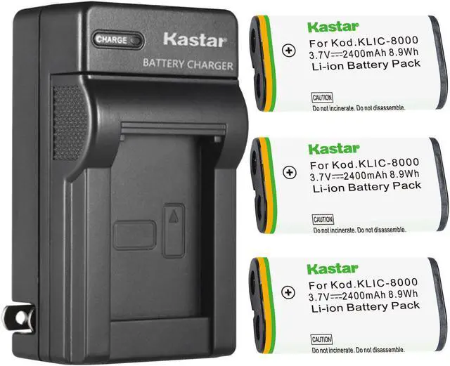 Kastar 3-Pack KLIC-8000 Battery and AC Wall Charger Replacement for Kodak Pocket Video Camera ...