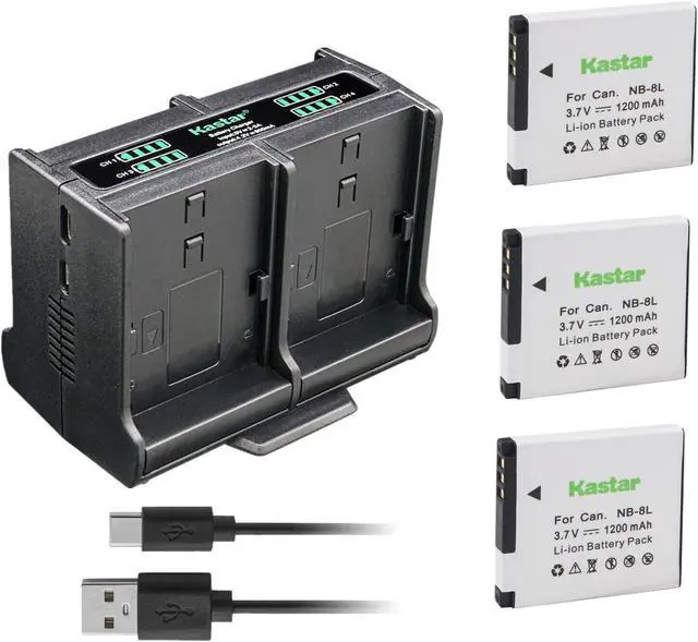 Kastar 3-Pack Battery and Quadruple Charger Compatible with Canon NB-8L NB8L, NB-8LH NB8LH ...