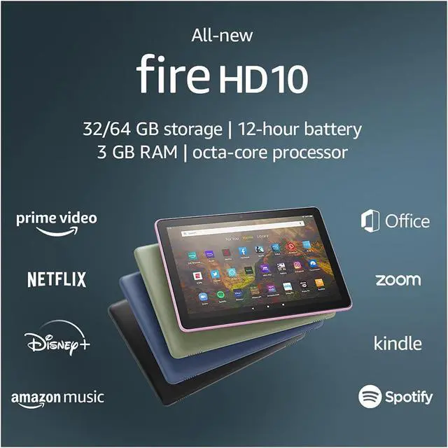 Fire HD 10 Inch Tablet Full HD, 32GB Denim (2021) with 64GB Micro SD ...