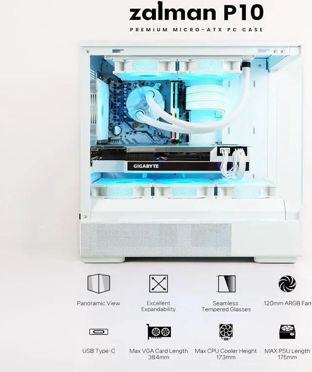 Zalman Case Cooler PSU Combo - Zalman P10 White Micro-ATX Panoramic PC Case + 10X Optima II ...