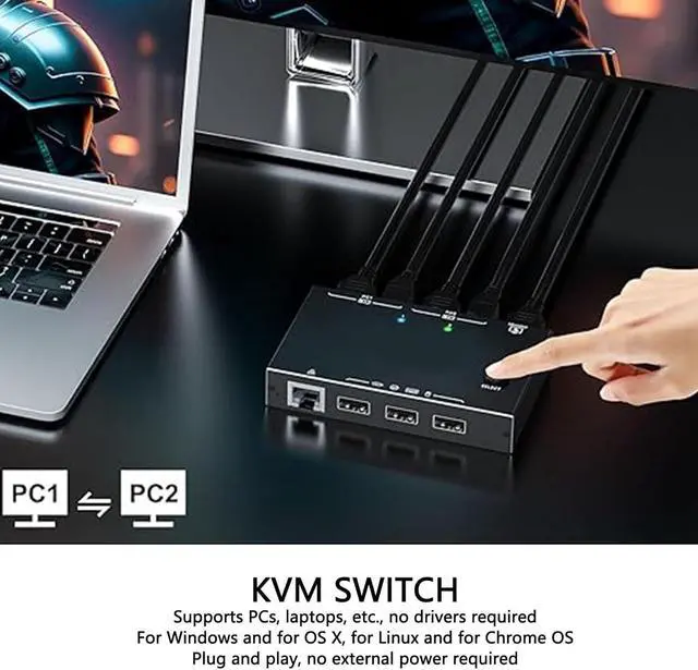 HDMI KVM Switch 2 in 1 Out with Ethernet RJ45 Port, 2 Port 4K 60Hz HDMI KVM Switcher for 2 ...