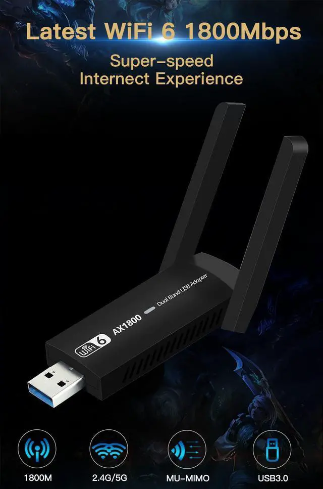 USB 3.0 WiFi 6 Adapter for PC, 1800Mbps Dual Band 5Dbi Antennas 5.8G/2 ...