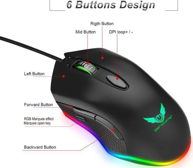 ZERODATE S700 Programmable Gaming Mouse 4800 DPI 6 Buttons RGB Backlit ...