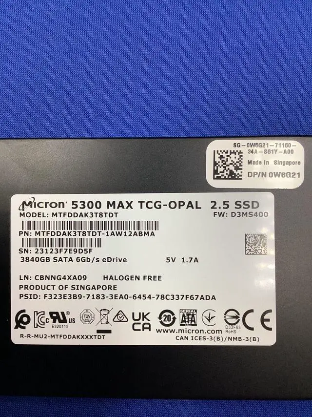 Used - Acceptable: W6G21 DELL/MICRON 5300 MAX 3.84TB 2.5 6Gb SATA TCG-opal SSD 0W6G21 ...