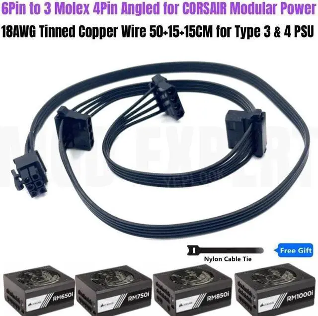 6Pin to 3 Molex 4Pin Angled IDE PATA Perif Fan Power Cable for CORSAIR ...