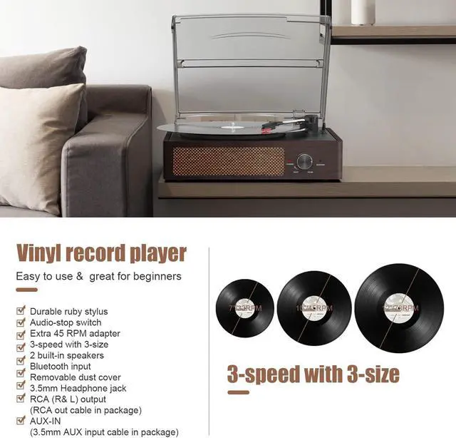 Bluetooth Record Player Belt-Driven 3-Speed Turntable, Vintage Vinyl Record Players Built-in ...