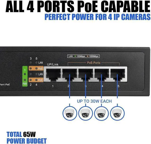 BV TECH POE-SW501G PoE Switch,Camera Inputs 4,4-29/32" L - Newegg.com