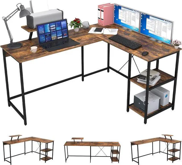 OUTFINE 59 L Shaped Desk Corner Desk Double Computer Desk Home Office Gaming Workstation with Storage Shelves and Monitor Stand Newegg