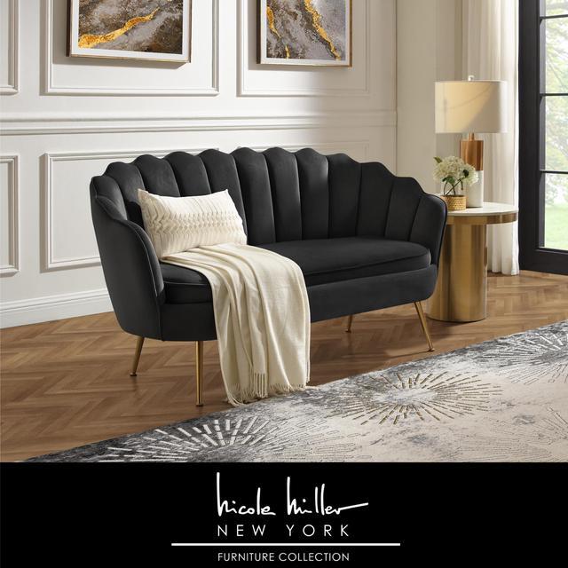 Nicole Miller Elani Loveseat Upholstered Channel Tufted Scalloped Edges Black Velvet Newegg